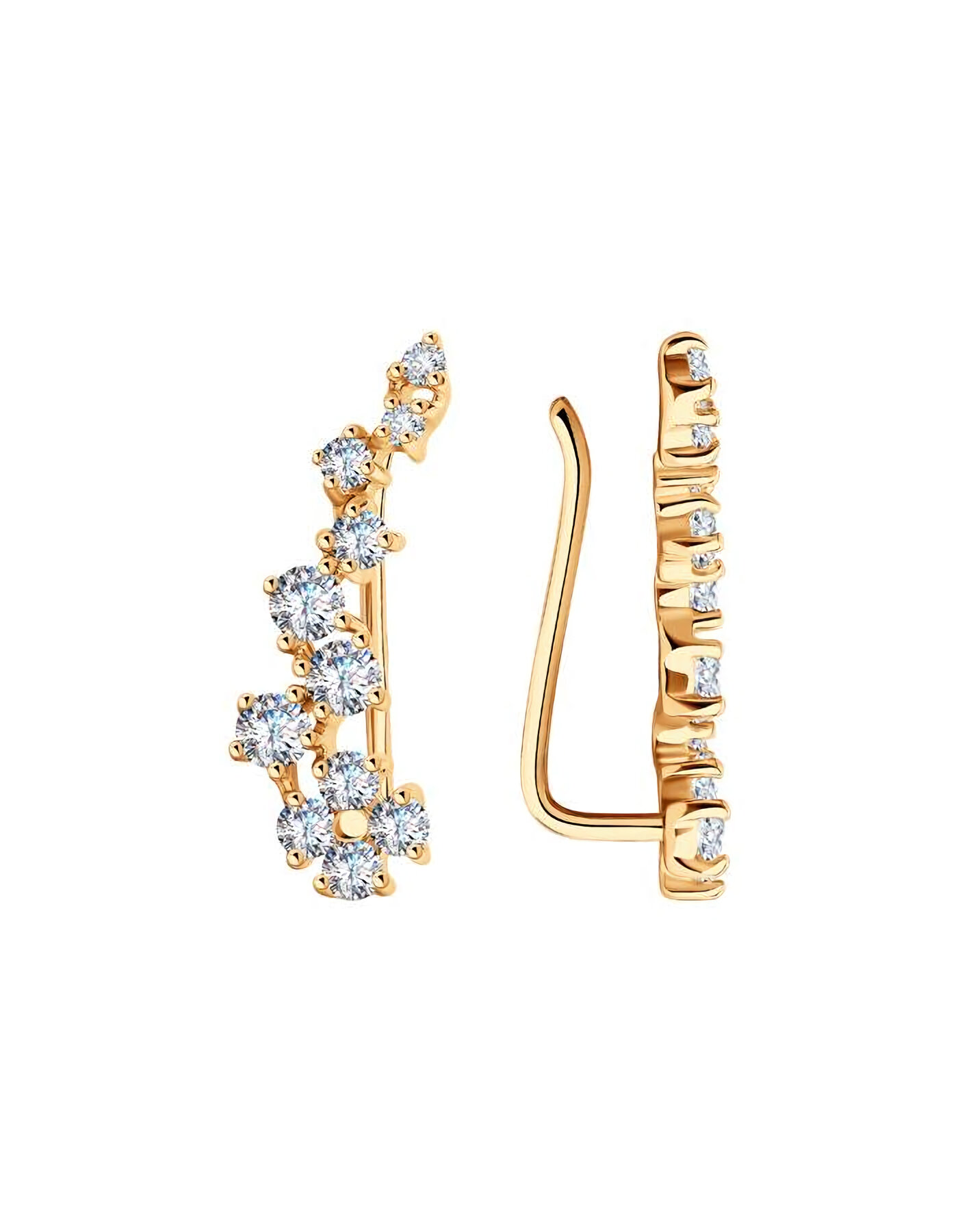 Серьги каффы, серебро, 925 проба, золочение, фианит