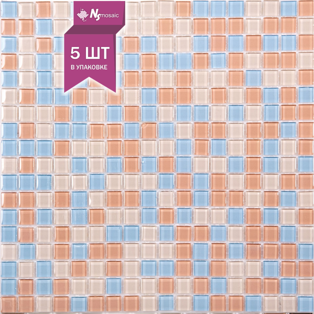 Мозаика стеклянная NSmosaic J-353, глянцевая розовая/голубая, 305х305 мм, чип 15х15 мм, упаковка 5шт