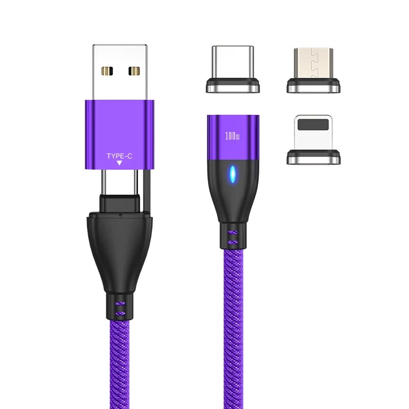 Магнитный USB-кабель типа C, 100 Вт, 5 А, кабель для быстрой зарядки Micro 1,8 м, Purple with 3Tips