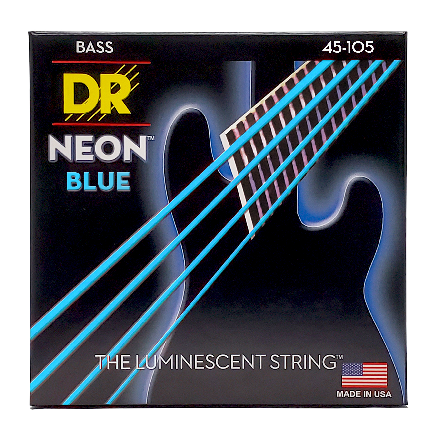 DR NBB-45 - струны для 4-струнной бас-гитары, Калибр: 45-105, Серия: HI-DEF NEON™, Обмотка: посеребрёная/никелированая сталь, Покрытие: люминесцентное