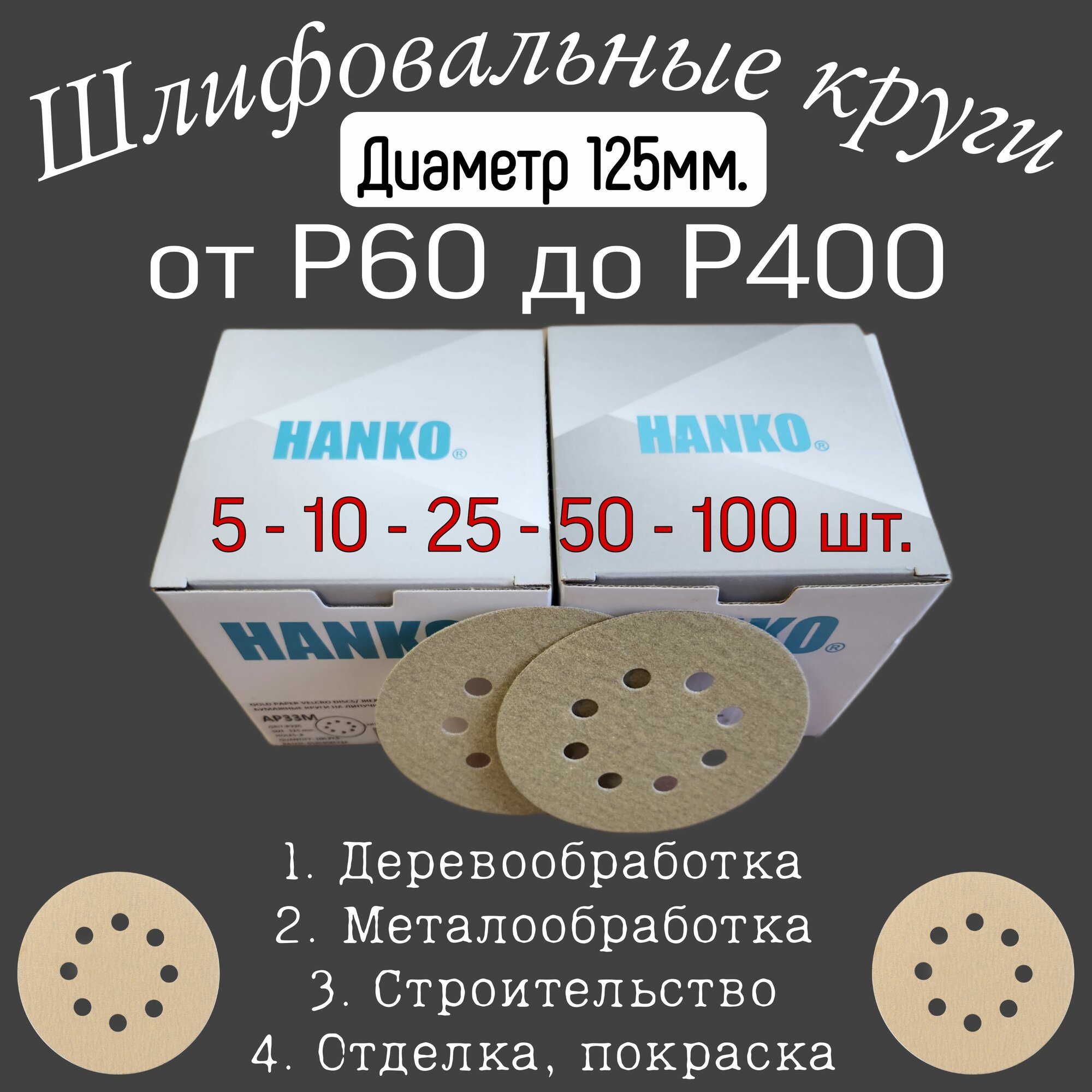 Шлифовальный круг на липучке 125мм Р-80; Hanko; 5 штук. Hanko AP33