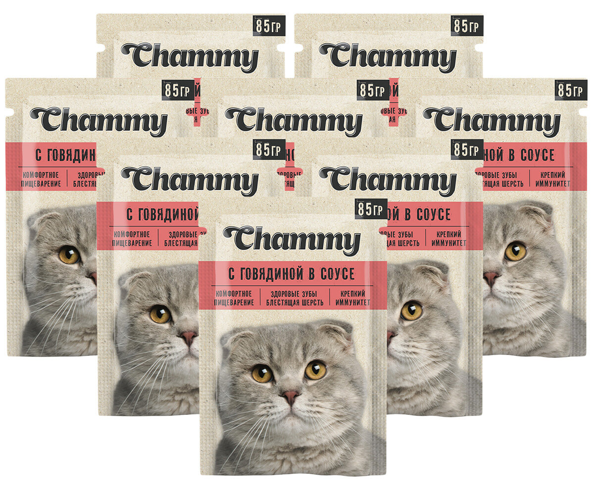 Корм влажный Chammy для взрослых кошек, говядина в соусе, 85 г х 8 шт