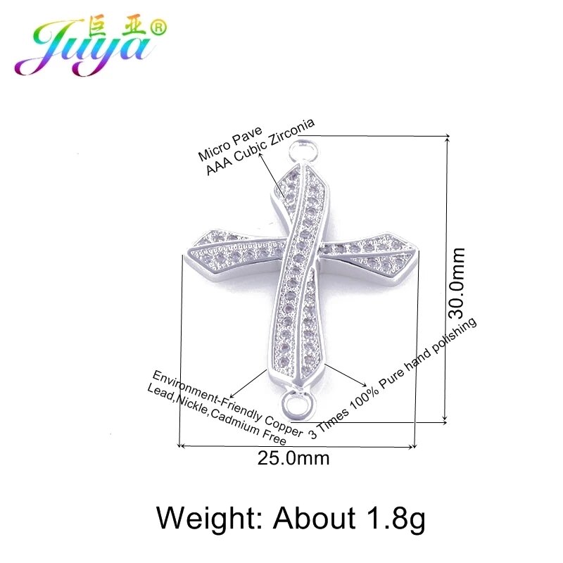 Juya Крест с цирконами AAA, Белый, White Gold, 25.0x30.0мм, 1.8г