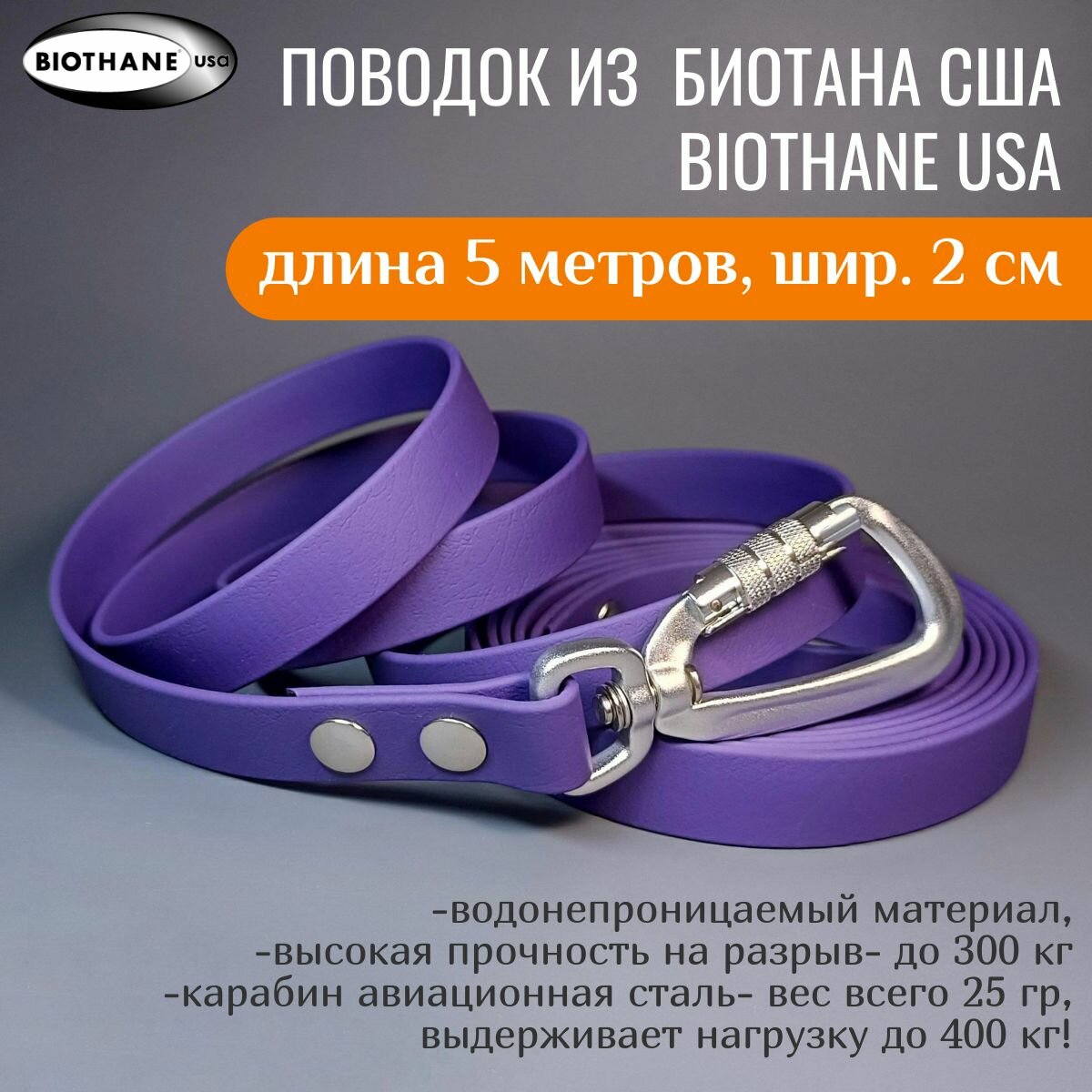 R-Dog Поводок из биотана (Biothane USA), карабин авиационная сталь, цвет спелая слива, 5 метров, ширина 2 см