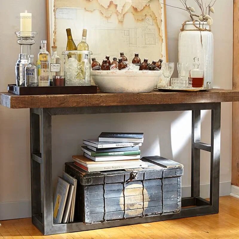 Консольный стол Лофт от MetalCraft Модель 7 из металла и массива дуба