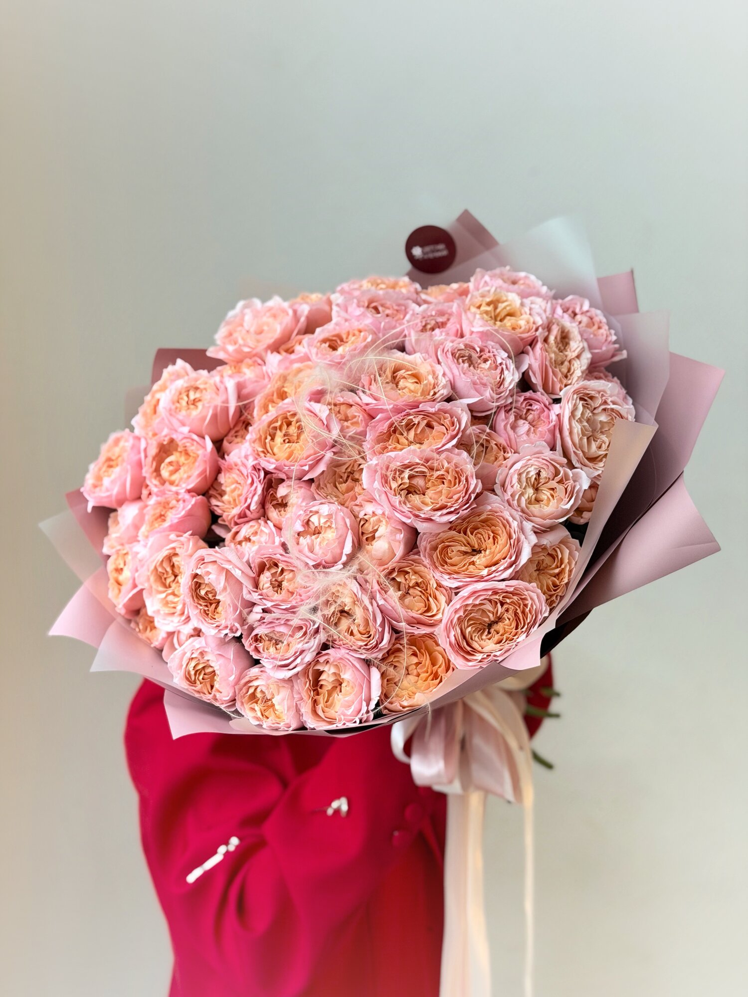 Монобукет «Джульетта», роза пионовидная, оранжевый, розовый, 19 роз