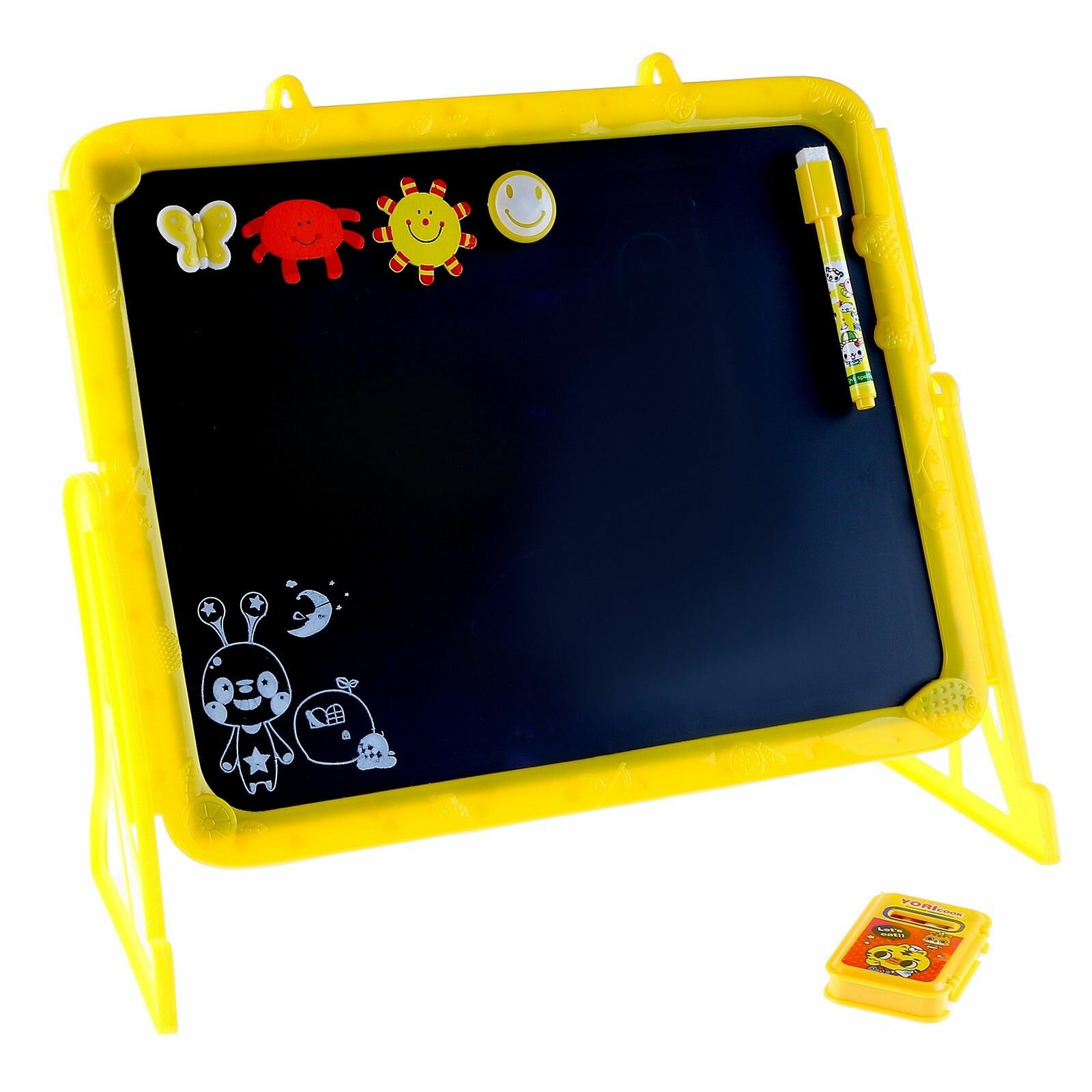 Доска магнитная двухсторонняя, под маркер и мел на подставках для детей, в наборе мел, маркер, магниты
