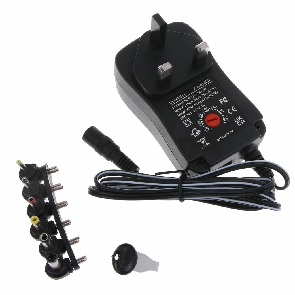 Регулируемый адаптер мощности 3-12V 2A, Универсальный переключение 30 Вт. Сосредство с оттенком 100-240 В.-DC3-12V с 6 советами USB, UK
