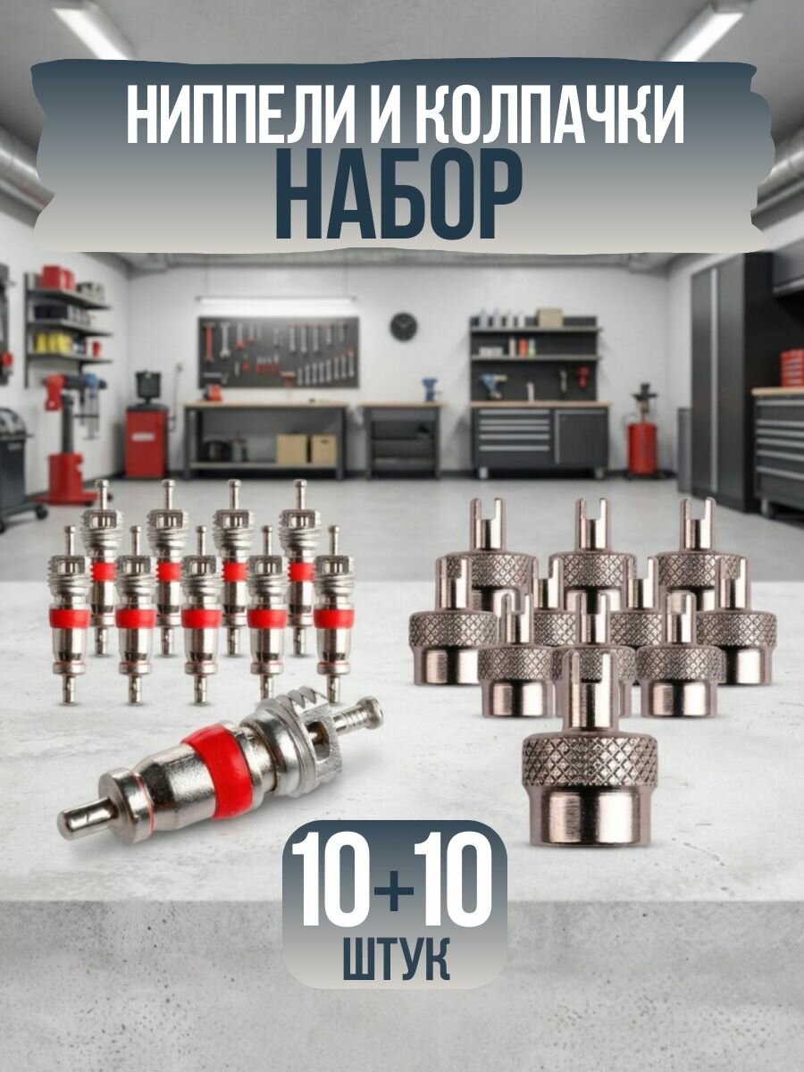 Золотник вентиля автомобильный, набор 10шт + колпачки на ниппель со шлицом, набор 10 штук