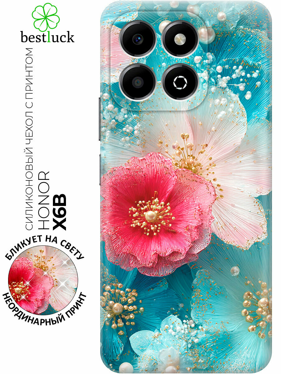 Силиконовый чехол на Honor X6b / X6A 4G с принтом "Цветы, украшенные жемчугом"