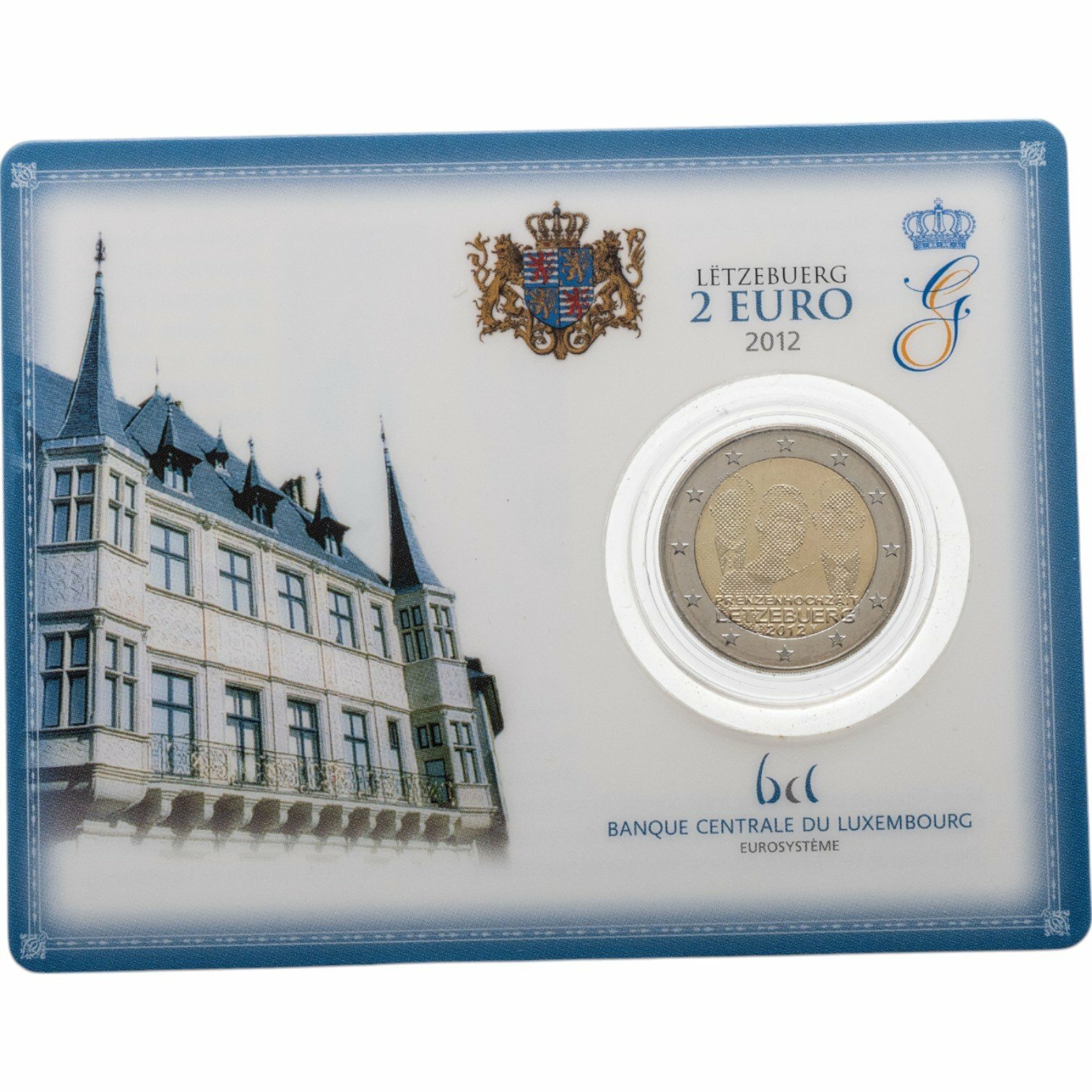 Люксембург 2 евро 2012 "Свадьба наследного принца Гийома и графини Стефании де Ланнуа" в блистере, Биметалл, в сохранности BUNC