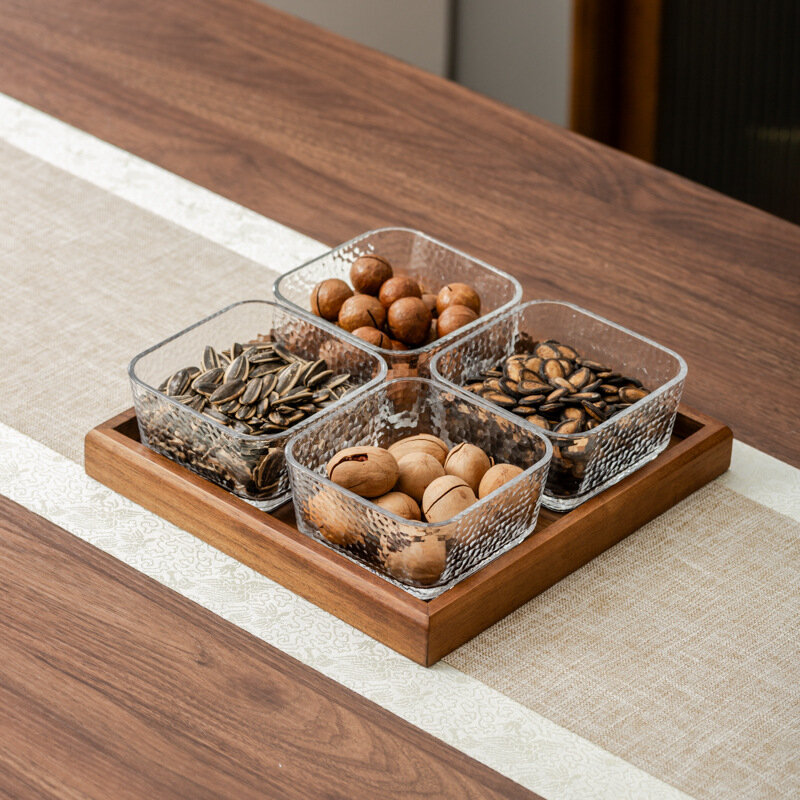 Легкая роскошная тарелка для фруктов из орехового дерева, тарелка для закусок, домашнее использование, разделенная, креативная тарелка для сухофруктов, десертная сахарная стеклянная миска, тарелка для фруктов