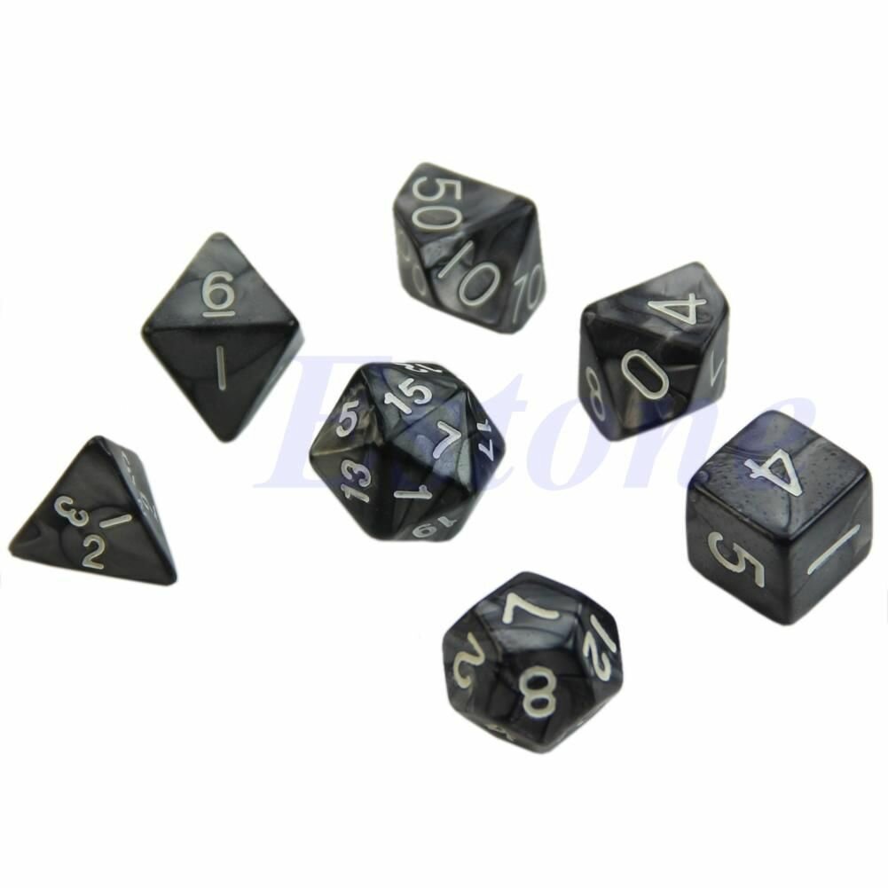 Набор из 7 кубиков с черными гранями D4 D6 D8 D10 D12 D20 RPG Poly Game Set