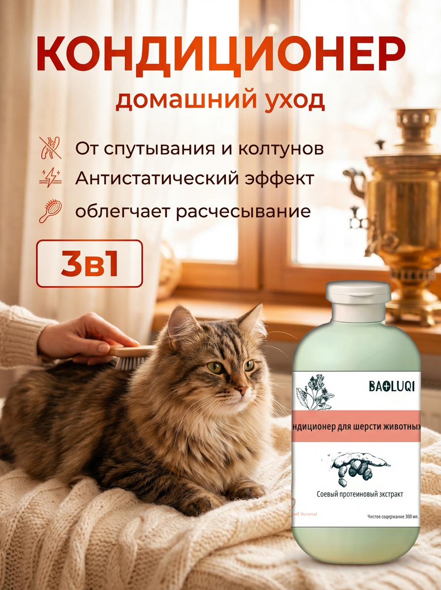 Гипоаллергенный бальзам-кондиционер для собак и кошек всех типов шерсти / Бальзам кондиционер для животных, 300мл