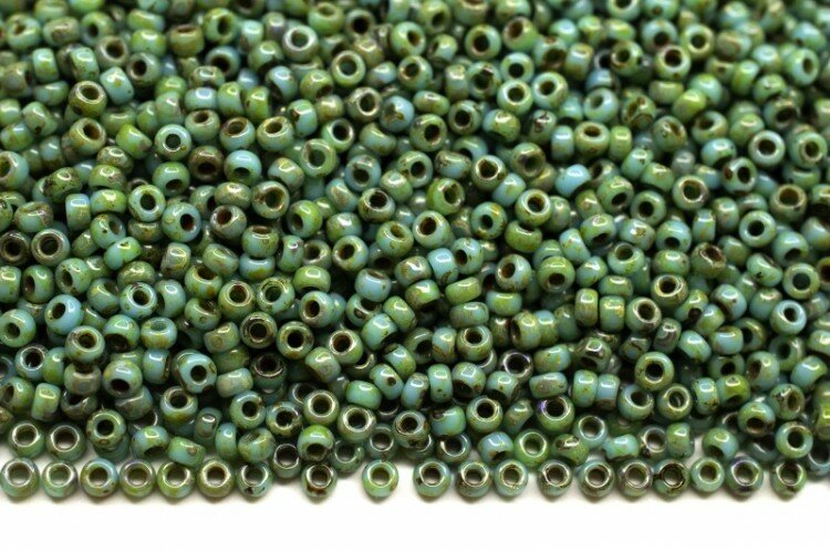 Бисер японский MIYUKI круглый 15/0 #4514 зеленая морская пена, непрозрачный пикассо, 10 грамм