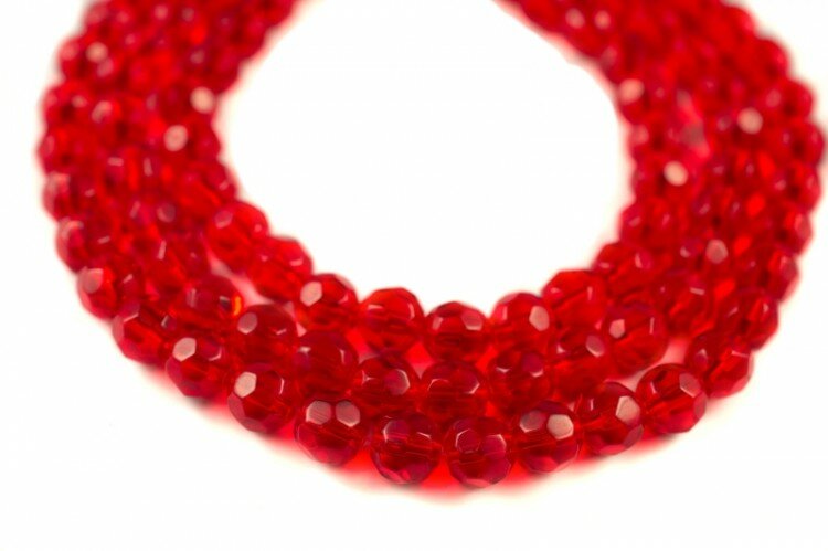 Бусина стеклянная граненая круглая 8мм, цвет красный, 545-011, 1 нить (около 32шт)