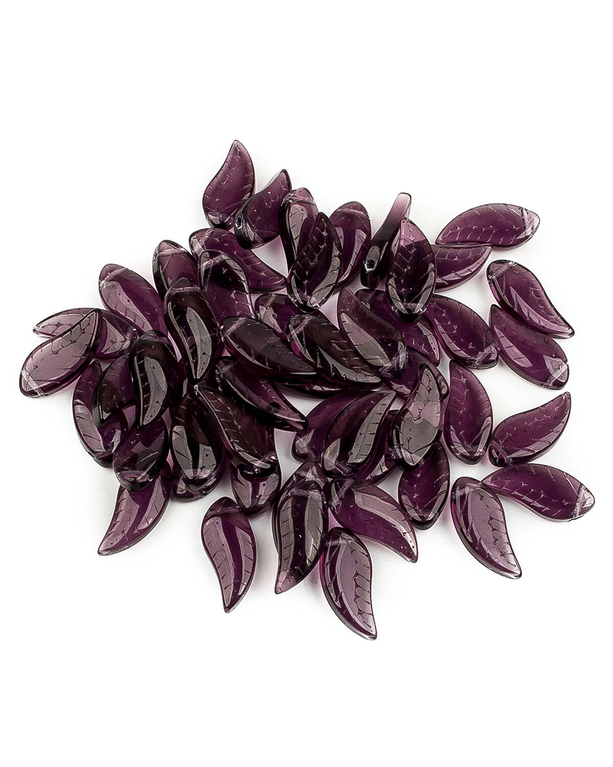 Бусины стеклянные прозрачные, в форме листиков, размер бусин: 18х8х4,5 мм, цвет: танзанит, 40 грамм (примерно 50 шт)