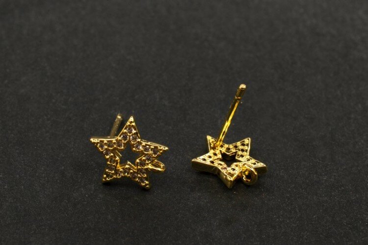 Гвоздики основы для серег Звездочка 10х12х0,8мм, отверстие 1,2мм, цвет золото, латунь/фианит, 21-257, 1 пара