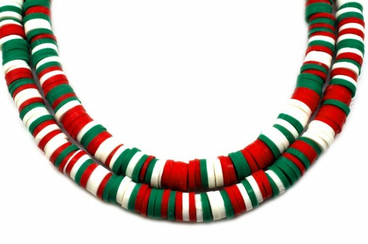 Бусины каучуковые плоские круглые 6х1мм, отверстие 1,8мм, цвет красный/белый/зеленый, 524-013, 1 нить (около 40 см, около 310шт)