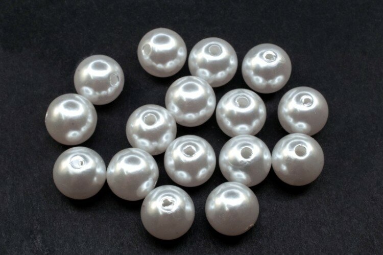 Бусины акриловые круглые 12мм, отверстие 2мм, цвет белый, имитация жемчуга, 531-018, около 10г (около 11шт)
