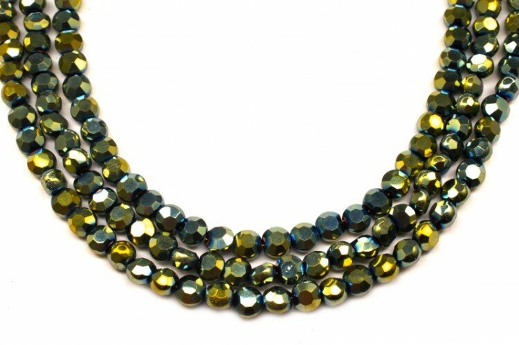 Бусина круглая плоская граненая 4х3мм, цвет сине-зеленый, гальваническое покрытие, непрозрачная, 523-023, 10шт