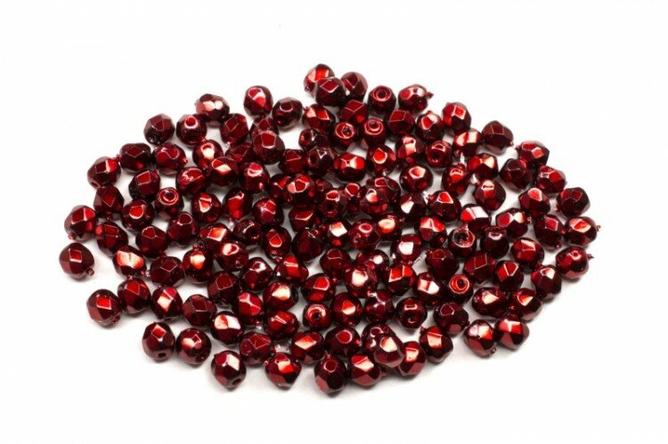 Бусины граненые Firepolish 3мм, отверстие 0,7мм, цвет 23980/34249 красный металлик, 713-078, 50шт