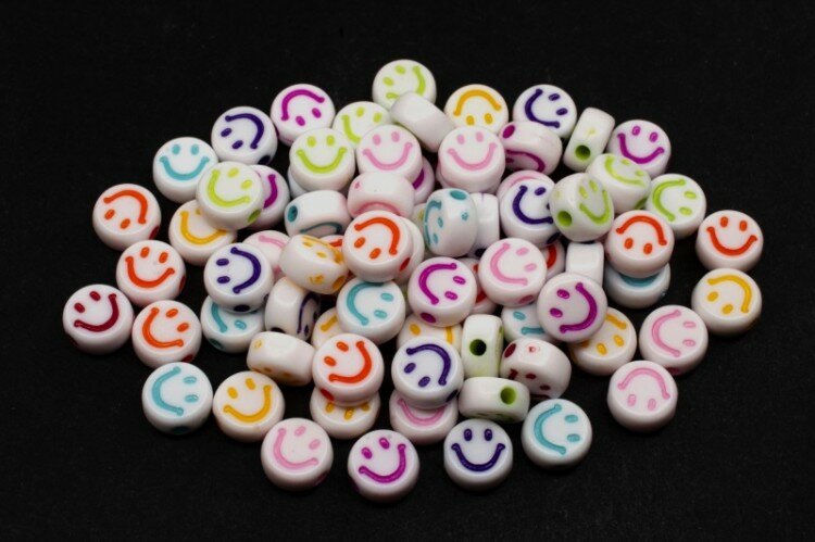 Бусины Смайлики 7х3,5мм, отверстие 1,5мм, цвет белый/разноцветный, пластик, 540-189, 10г (около 75шт)