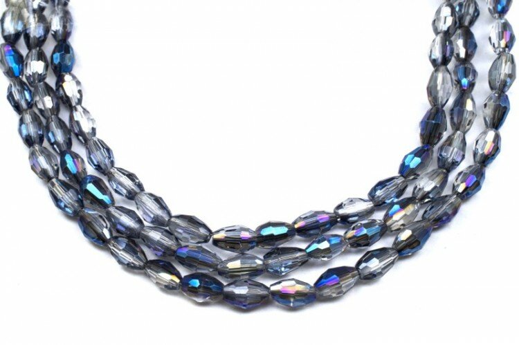 Бусина стеклянная граненая овальная 6х4мм, цвет серый светлый, гальваническое покрытие, 547-008, 10шт