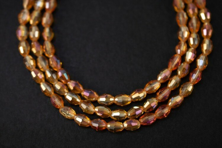 Бусина стеклянная граненая овальная 6х4мм, цвет рыжий, гальваническое покрытие, 547-003, 10шт