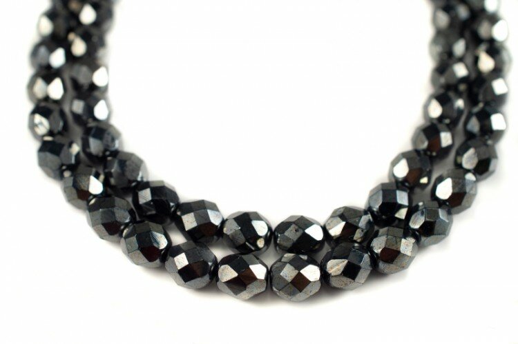 Бусины граненые Firepolish 8мм, отверстие 1мм, цвет 14400 гематит, 716-011, 1 нить (около 25шт)
