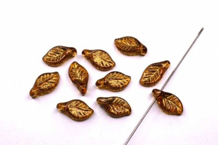 Бусина Листочек 12х6х3мм, цвет 10090/54302 коричневый с золотом, прозрачная, 735-168, 10шт