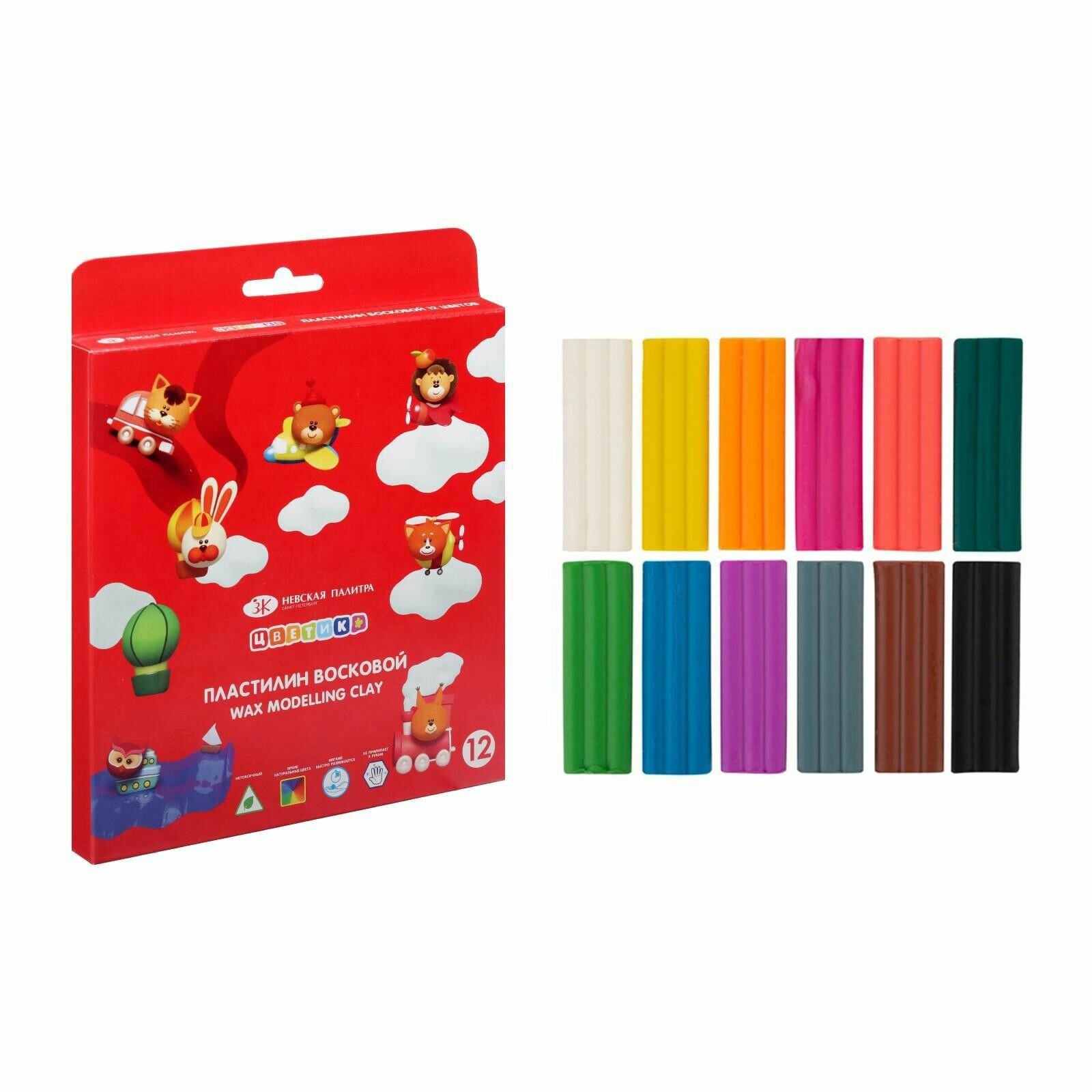 Пластилин мягкий (восковой) ЗХК Цветик , 12 цветов, 180 г, со стеком, 3241785