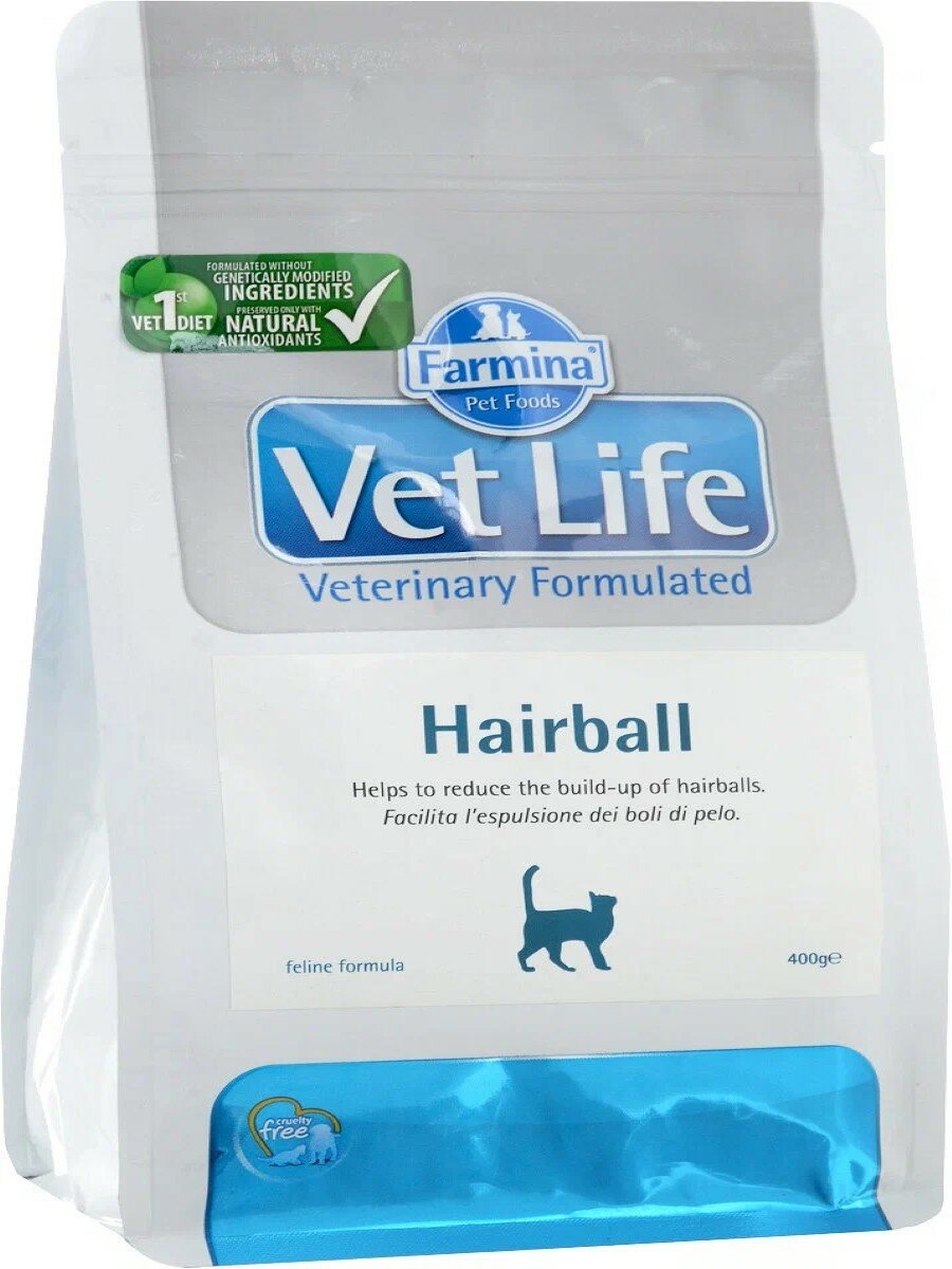 Farmina Корм сухой Vet Life Cat Hairball для взрослых кошек выведения шерсти и комочков с курицей 400г