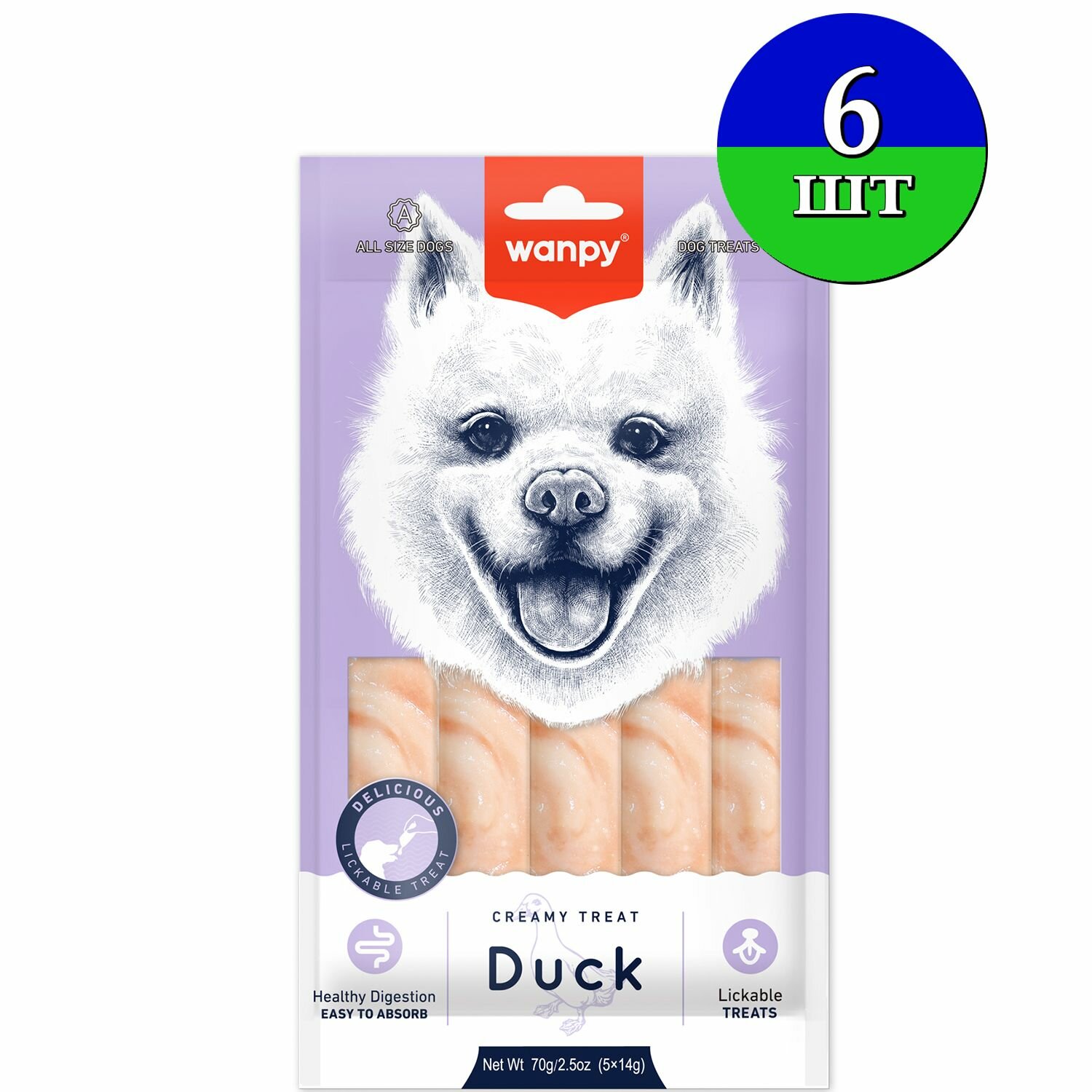 Wanpy Dog - Крем лакомство для собак "нежное пюре" из утки, 420 гр (70 гр х 6 шт)