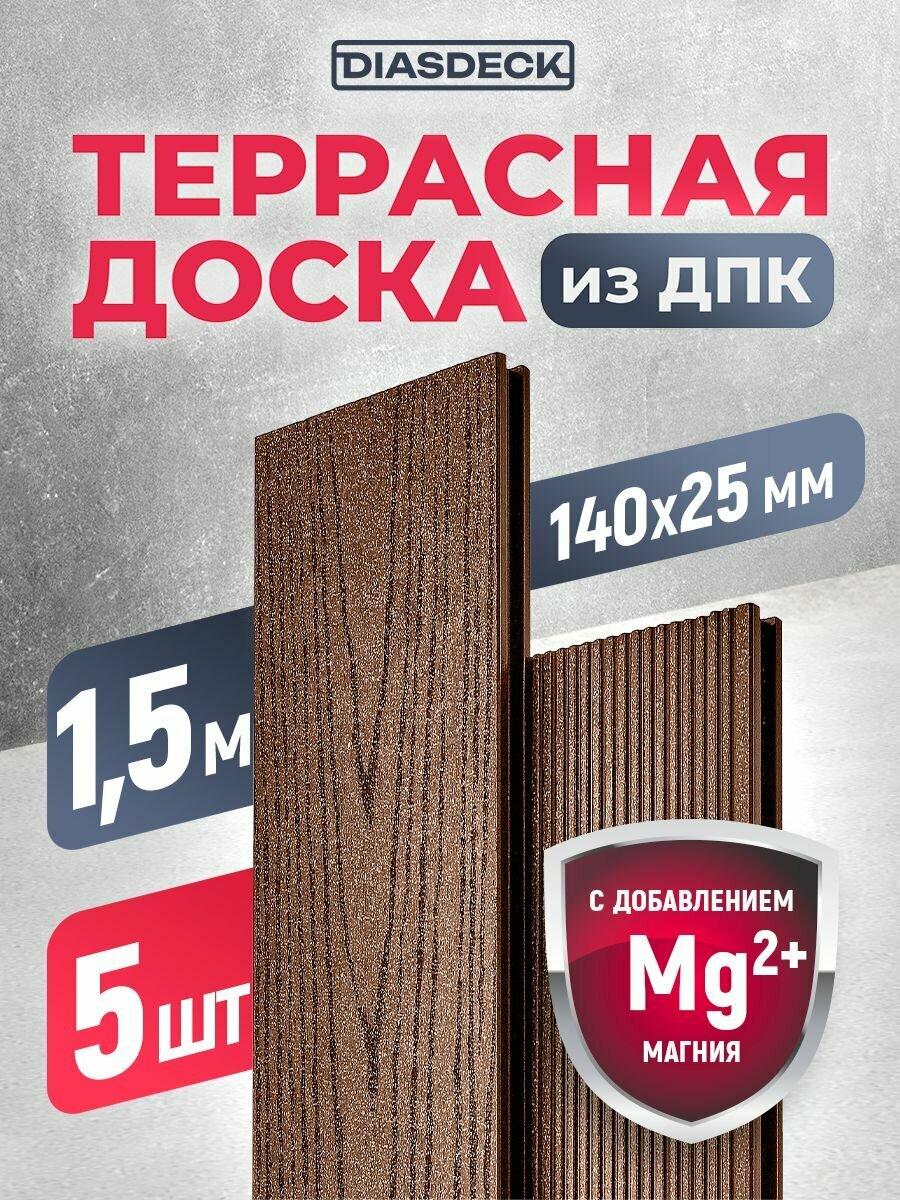 Террасная доска DIASDECK из ДПК 140х25мм длина 1,5 метра цвет шоколад, комплект 5 штук (минерал)