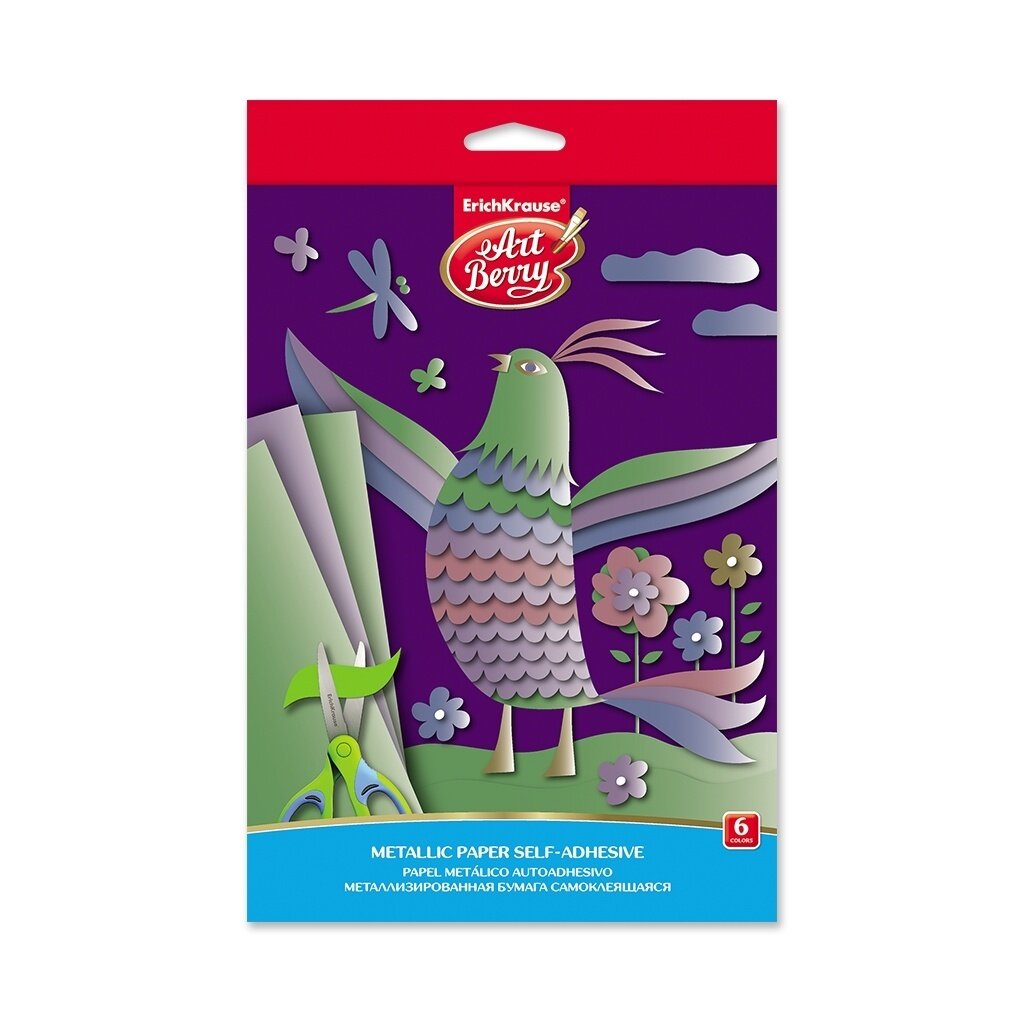 Цветная бумага Erich Krause металлизированная, самоклеящаяся, в папке с подвесом, ArtBerry, В5, 6 листов, 6 цветов (44998)
