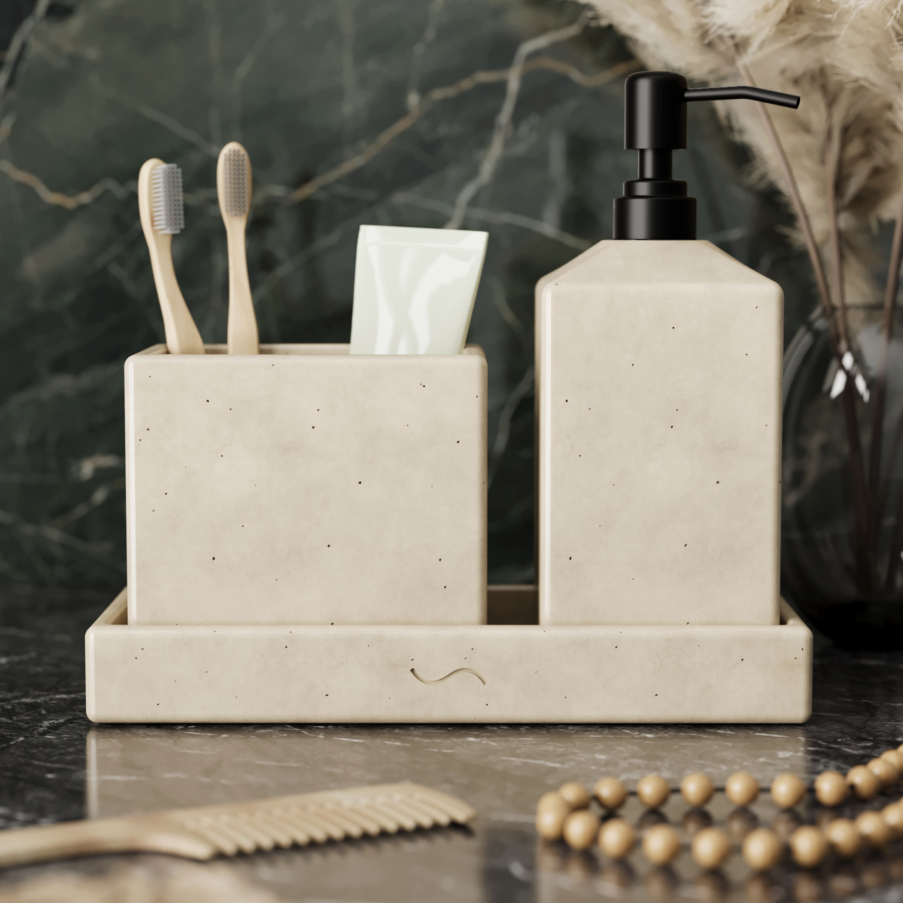 Набор для ванной Emily 11 (дозатор с черной помпой, стакан двойной, поднос S), бетон, кремовый глянцевый