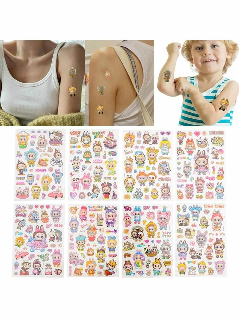 8шт. милые наклейки для татуировок с изображением мультяшного Лабубу, детские временные водонепроницаемые татуировки на руки и тело
