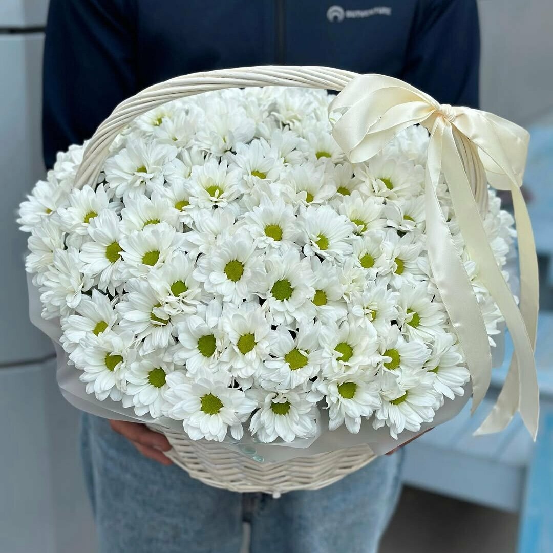 Букет из белых ромашковых хризантем 51 шт в корзине, красивый букет цветов, шикарный, премиум цветы, премиум букет