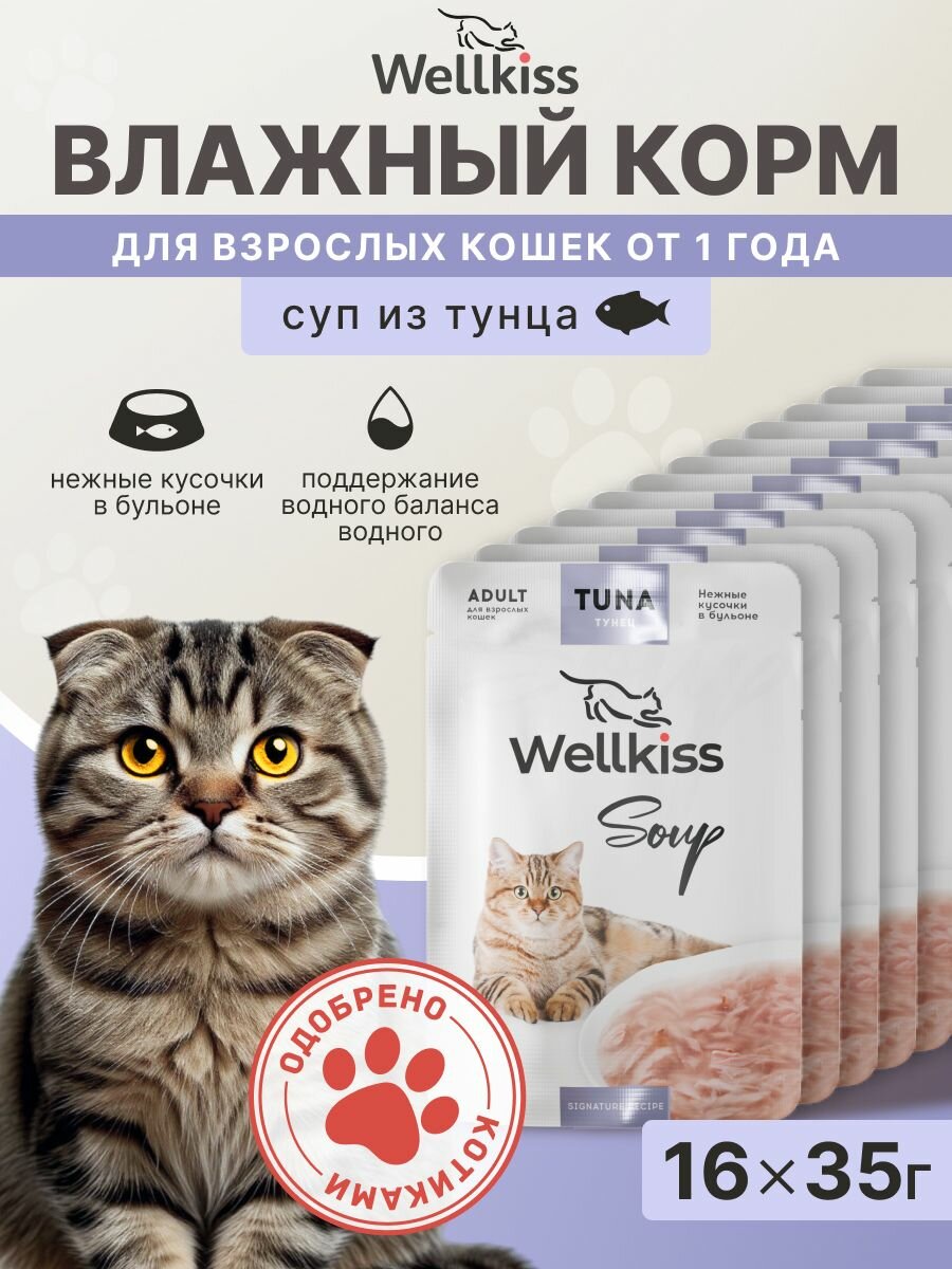 Wellkiss Adult Влажный корм (пауч) для взрослых кошек, суп из тунца, 35 гр. * 16 шт.