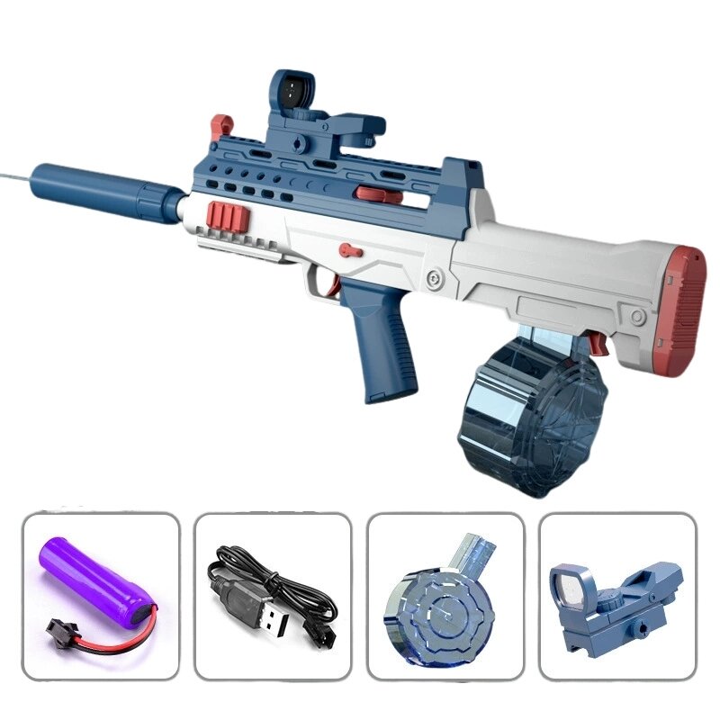 Детский электроный водяной пистолет с большим объемом водяного бака, непрерывной подачей воды, дальностью стрельбы около 10 метров, электроприводом, герметичным батарейным отсеком, красной точечной прицелом, тактической рельсой, глушителем ствола,