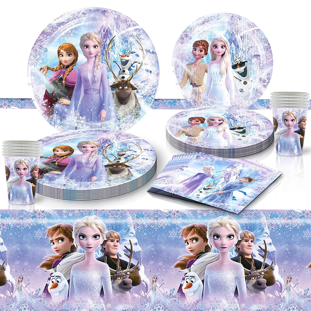 Набор праздничной посуды Frozen «Холодное сердце» на 51 персону: тарелки, стаканчики, салфетки, скатерть