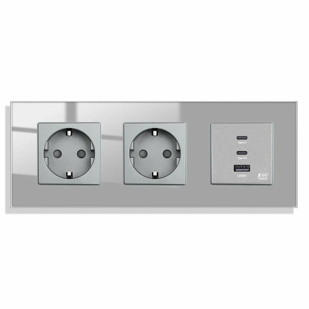 Розетка электрическая с 2 GaN PD 65W USB/Type-C быстрая зарядка и 1 USB-A и 2 розеткой EU 220V, 3 поста, цвет серый,1шт