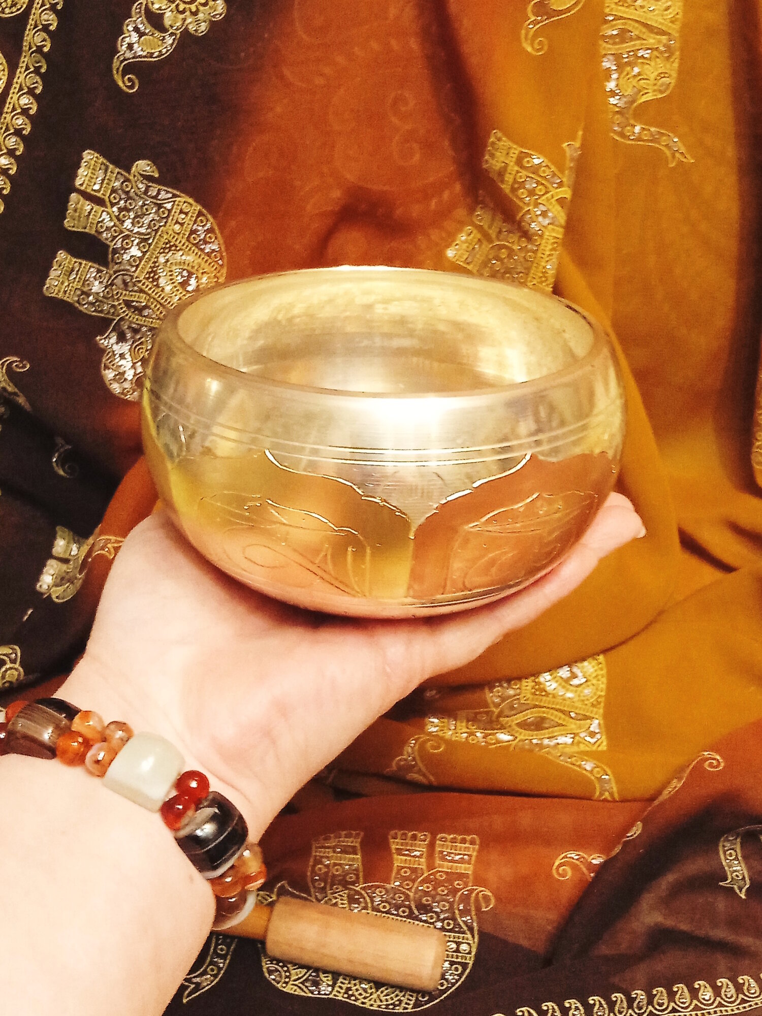 Чаша поющая Серебряная с Печатью цветной узор 8 металлов 13см + резонатор, Непал исцеление, медитация