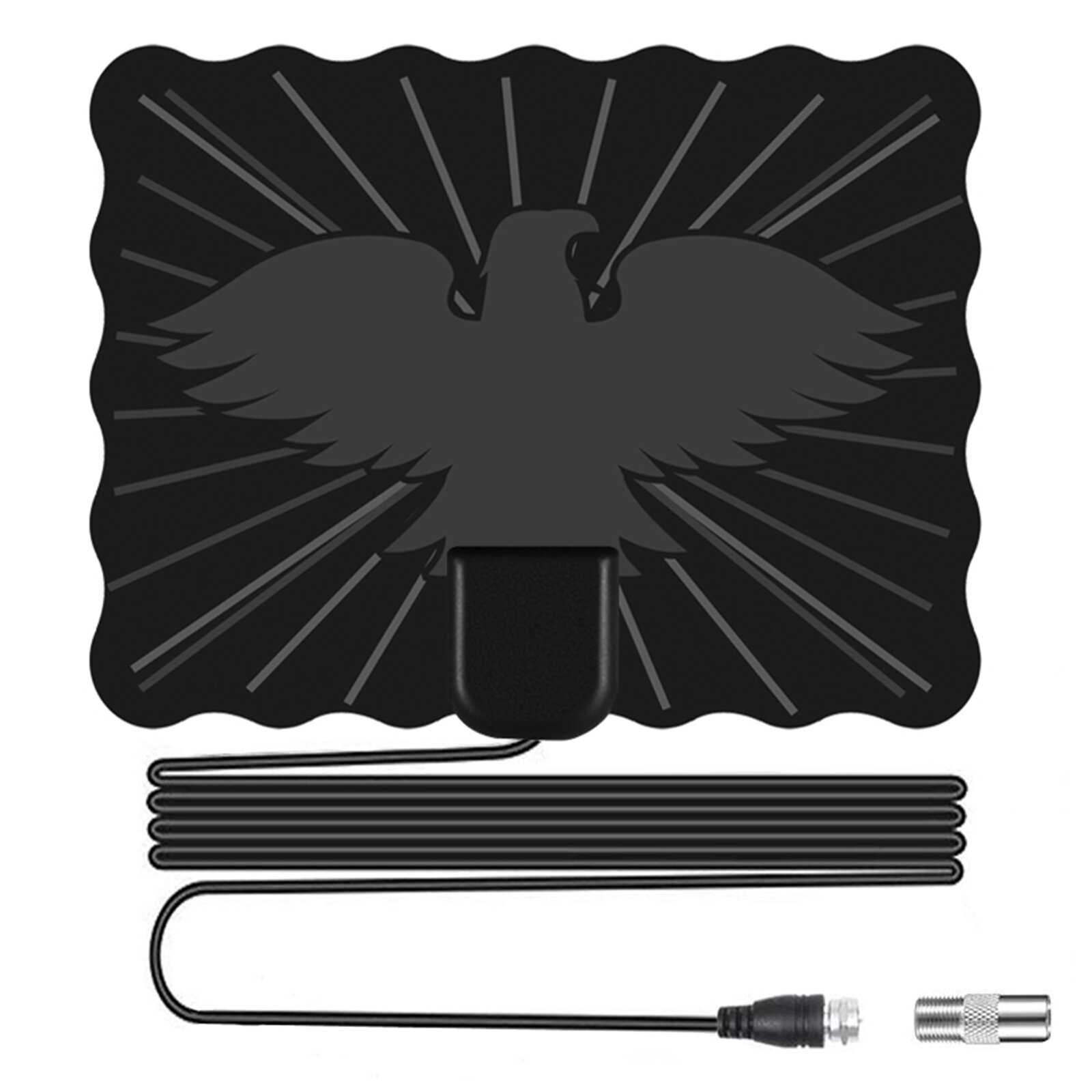 Антенна для цифрового телевидения HDTV DTV Box 25dB усиленная активная внутренняя плоская антенна TV 150 миль с усилителем черного цвета с кабелем 3 метра, разъемом F и адаптером IEC, совместимая с 720P, 1080P, 4K / ATSC, импеданс 75 Ом, частоты
