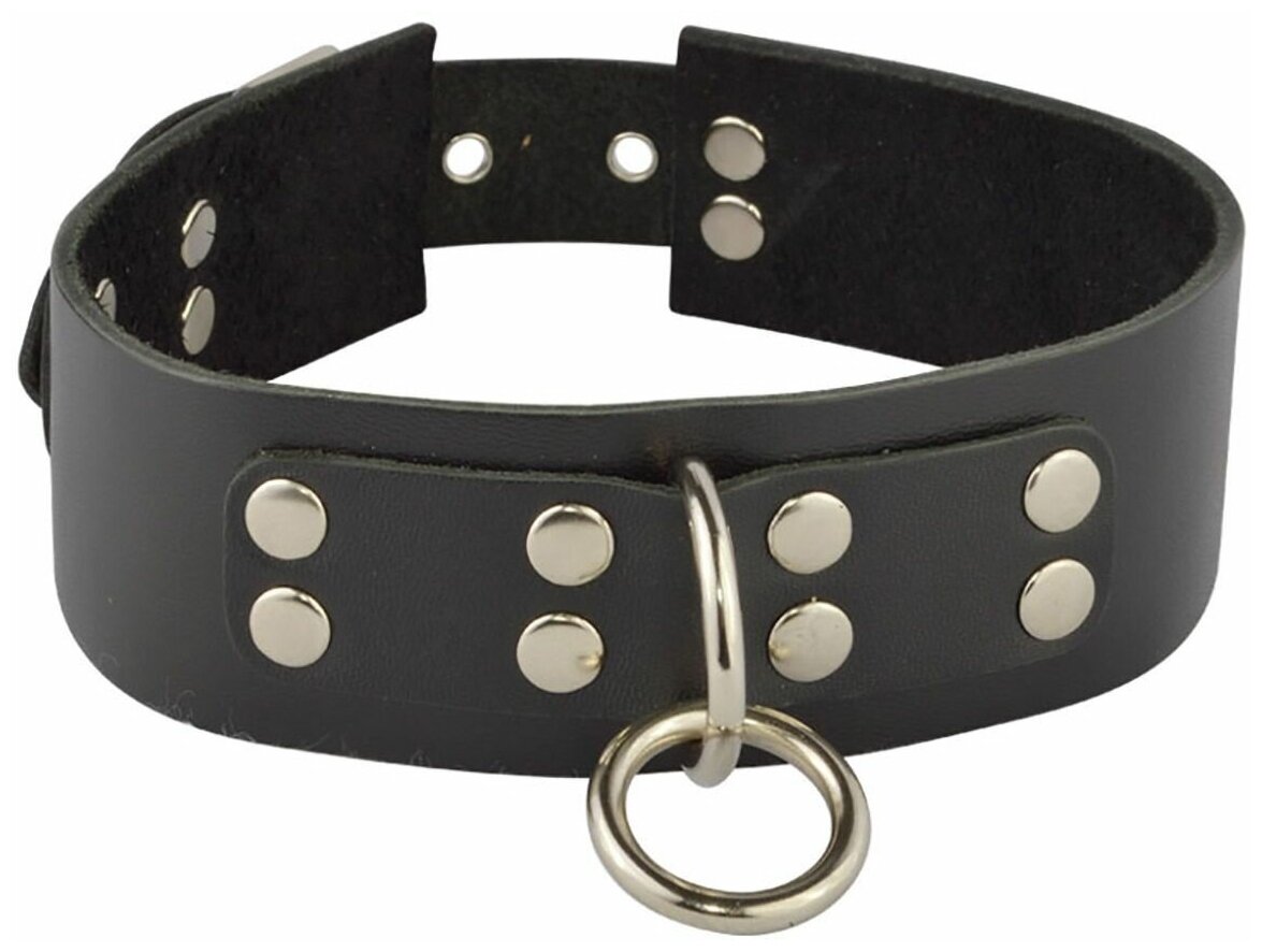 Ошейник кожаный 'BDSM accessories', черный, с кольцом и клепками, регулируемый