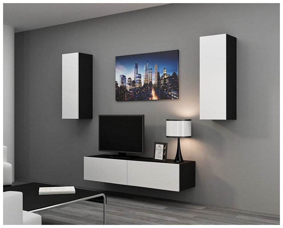 Гостиная Виго 7 Белый Фасадный 0101 / Черный 0190 NEW 210x42x180 см, белый фасадный, черный Дом мебели для вас