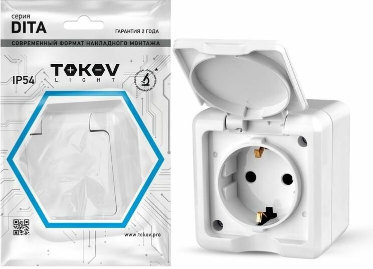 Розетка 1-м ОП Dita 16А IP54 250В с заземл. с крышкой бел. TOKOV ELECTRIC TKL-DT-R1Z-C01-IP54