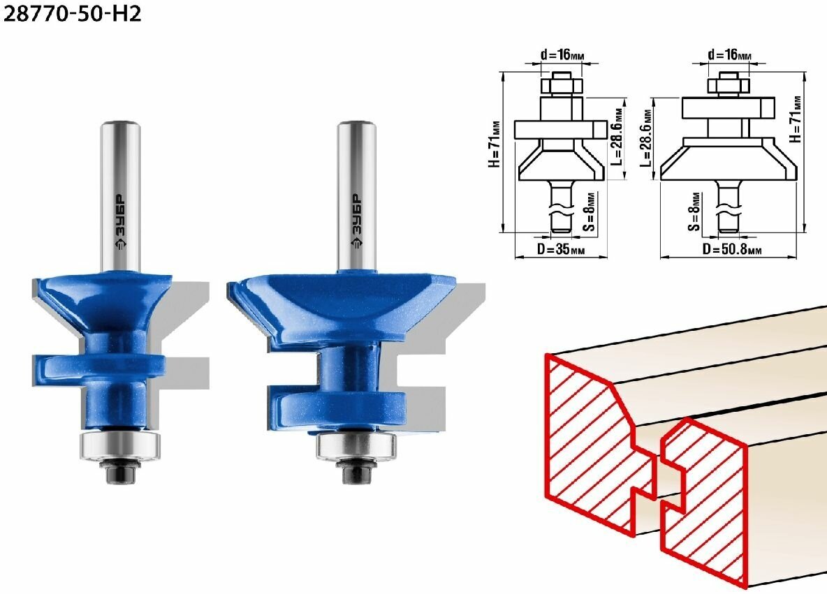 ЗУБР 50x30мм, хвостовик 8мм, Набор фрез для вагонки, , серия Профессионал (28770-50-H2)