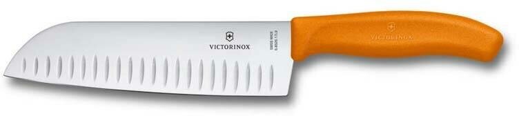 Нож Victorinox сантоку, лезвие 17 см рифленое, оранжевый, в картонном блистере